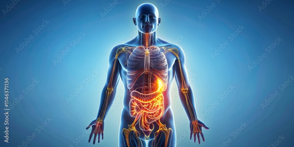 3D Illustrated Male Digestive System Silhouette, Anatomy, Human Body ...