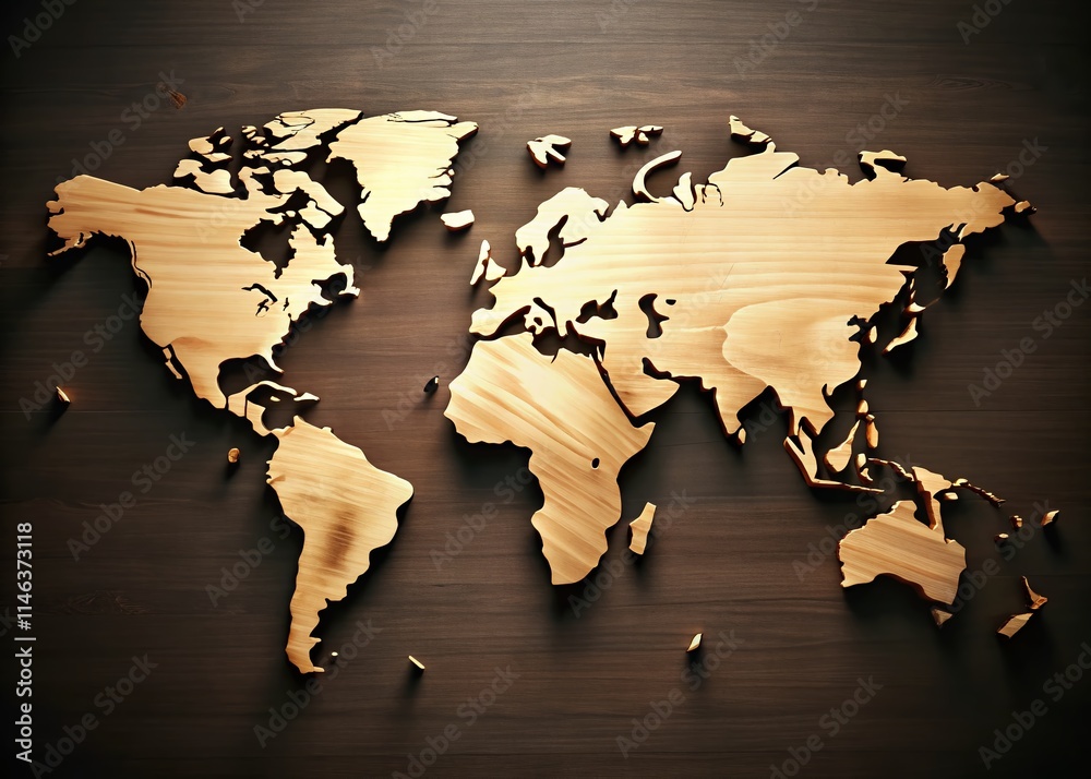 Ilustración de Stock 3D Rendered Wooden World Map, Global Geography ...