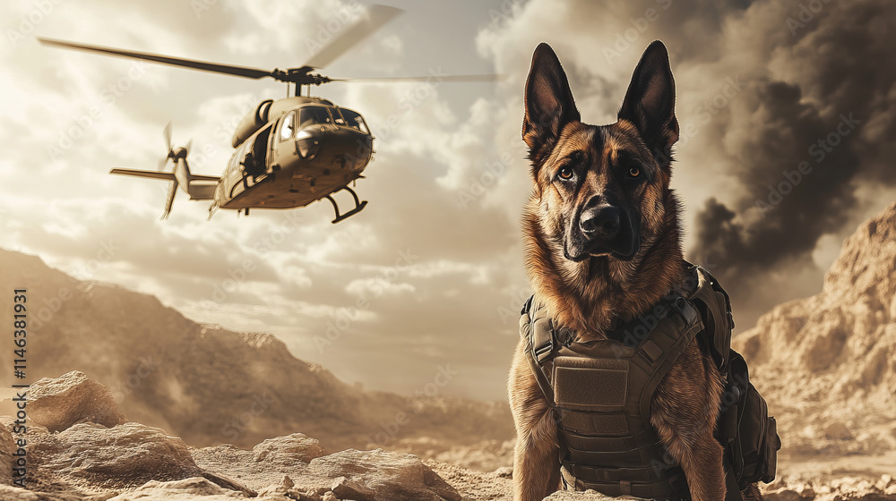 military dog in tactical gear stands alert in desert environment with ...