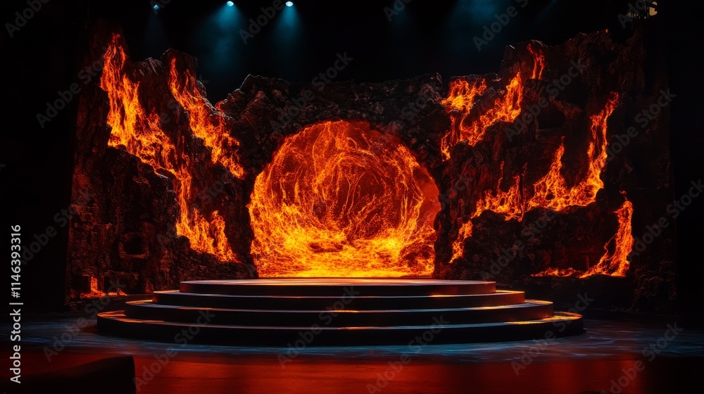 A dramatic, dark stage with swirling, fiery lava erupting from a molten ...