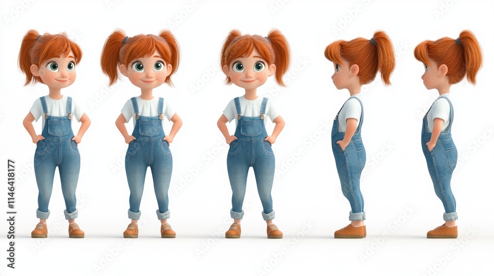 3D render of a cute cartoon girl in denim overalls, shown from multiple ...
