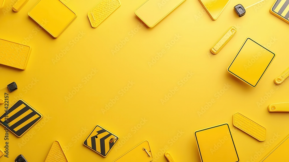 Yellow traffic signs in various shapes, including diamonds and ...