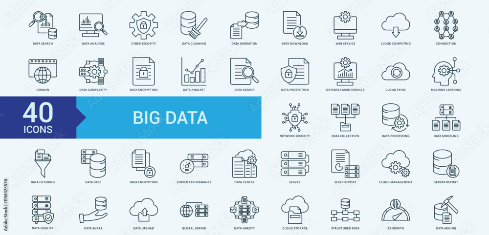 Big data icon collection set with data search, data analysis, cyber ...