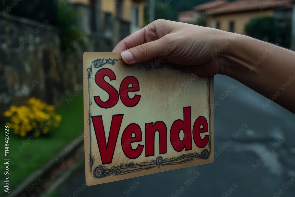 Detalle de las manos de un agente sosteniendo un letrero de se vende en ...