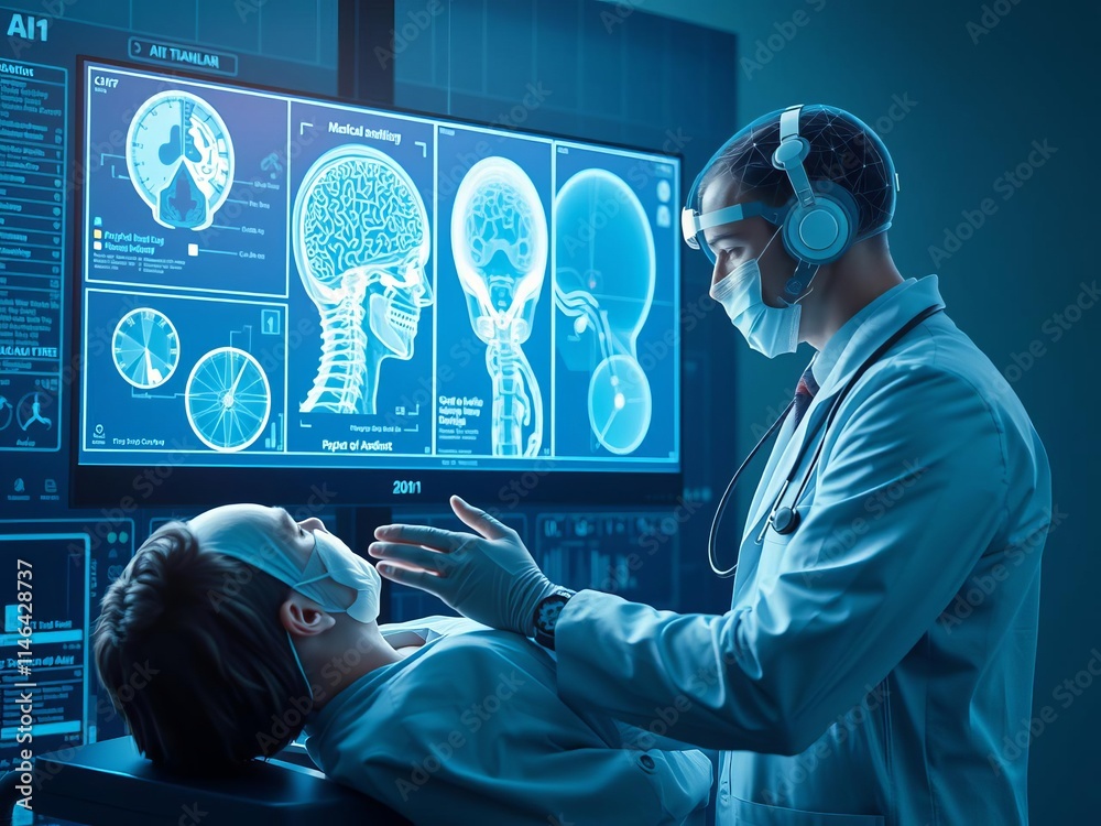 A digital illustration showing a doctor using advanced medical ...