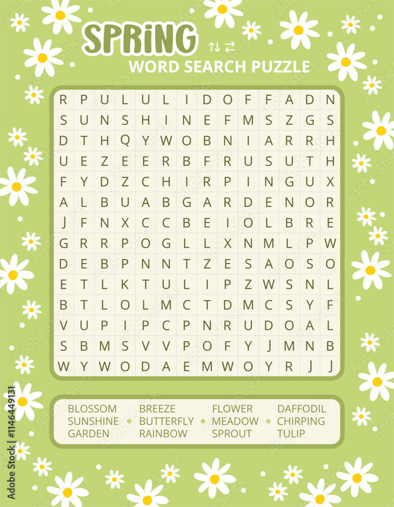 Spring word search puzzle game on a daisy background worksheet ...