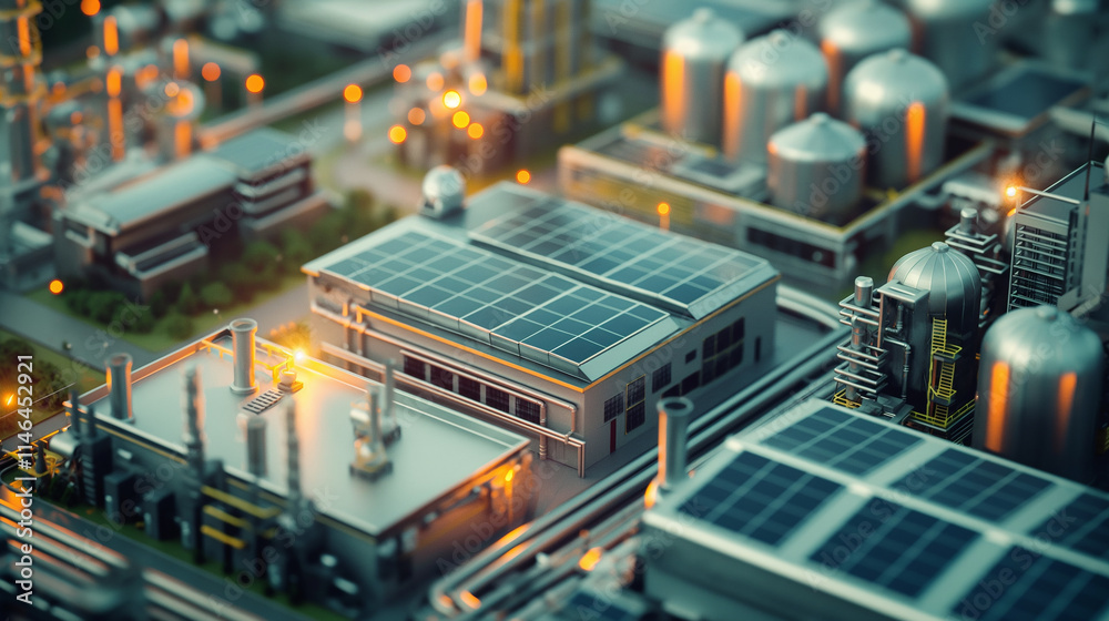 Miniature futuristic generic industrial factory with solar panels ...