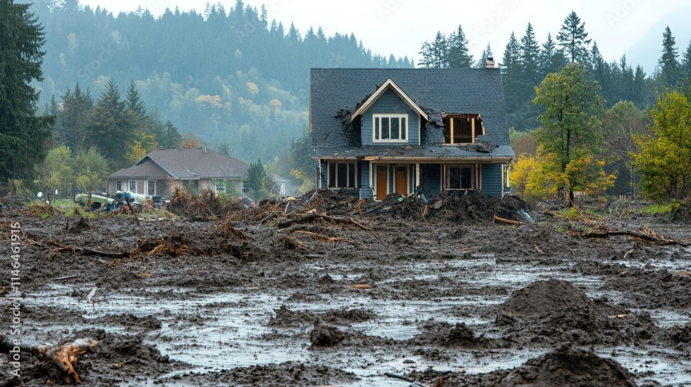 A house buried in mudslide debris, with trees surrounding the somber aftermath of a natural ...