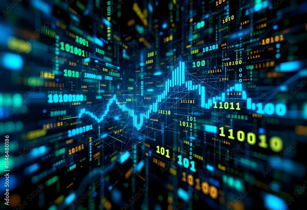 Digital stock market graph with binary code. Financial technology concept. Blue virtual chart ...