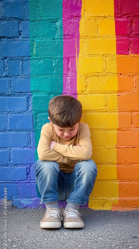 A child sits curled up against a vibrant rainbow-painted brick wall ...