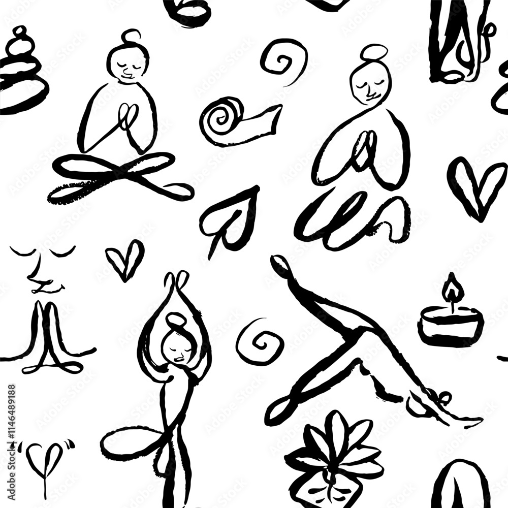 Yoga pattern with symbols, relax and poses. Vector isolated graphic ...