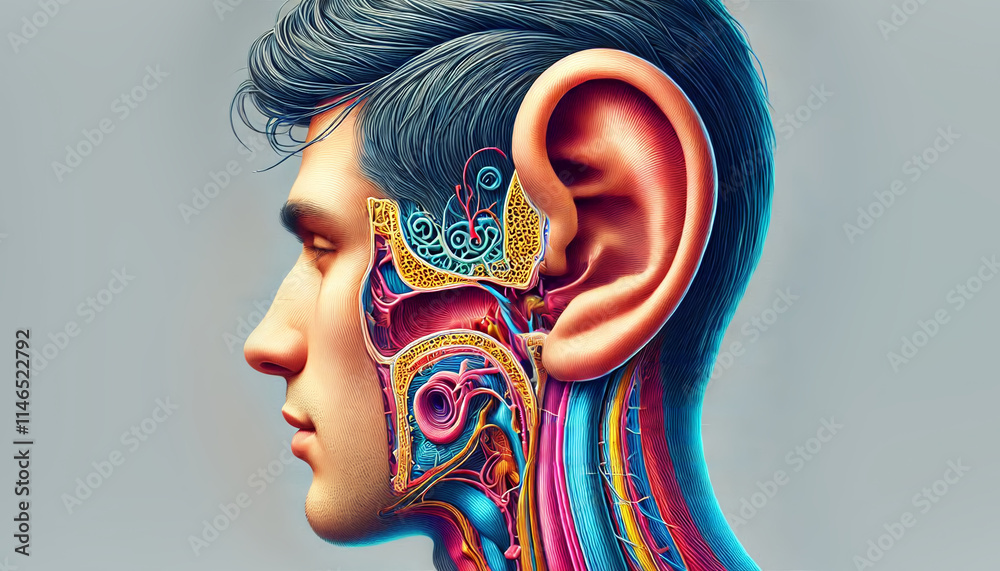 Cross-section illustration of the human ear, highlighting the outer ...