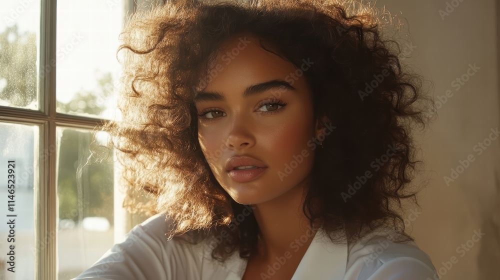 beautiful woman with curly hair by window Stock Photo | Adobe Stock