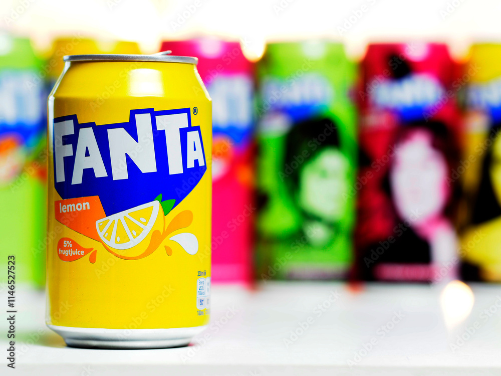 In this photo illustration, can of Fanta with lemon flavor. Stock Photo ...
