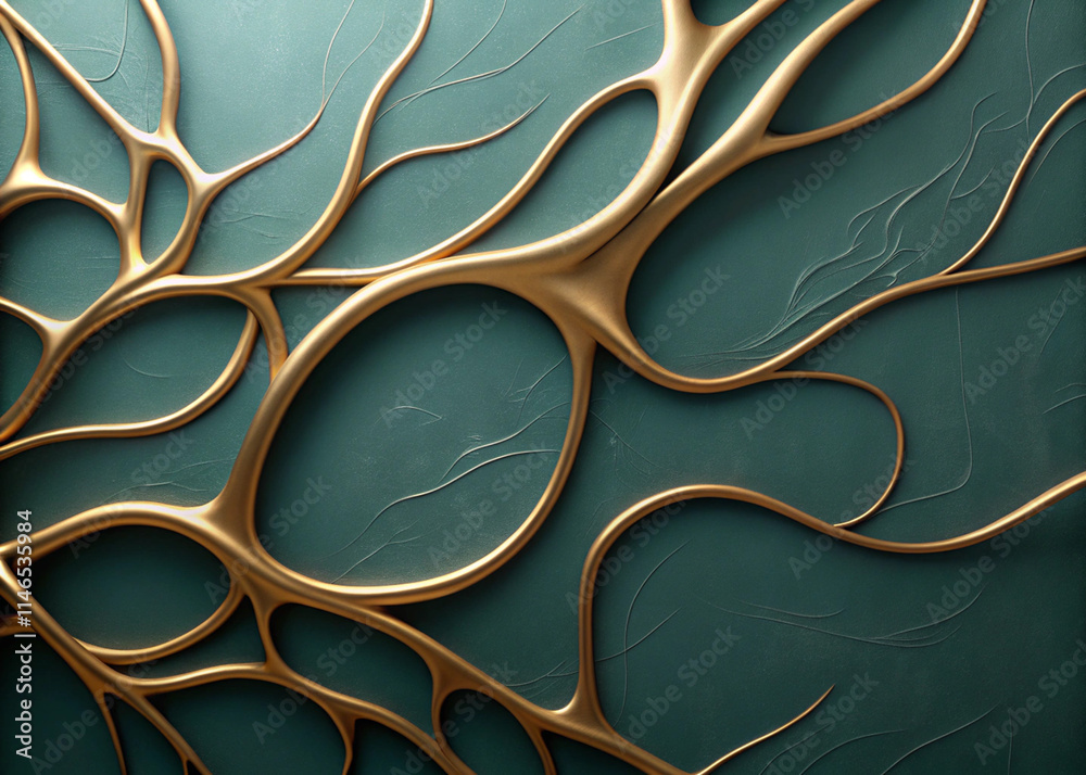 Organic metallic root pattern with gold branches on teal background, 3D ...