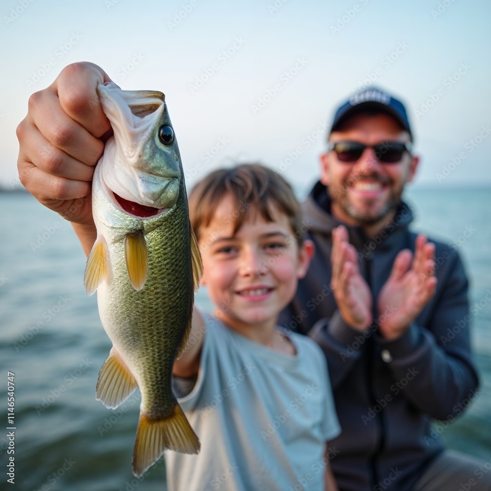 Child Holding a Small Fish with a Smiling Father by a Lake Shore Stock ...