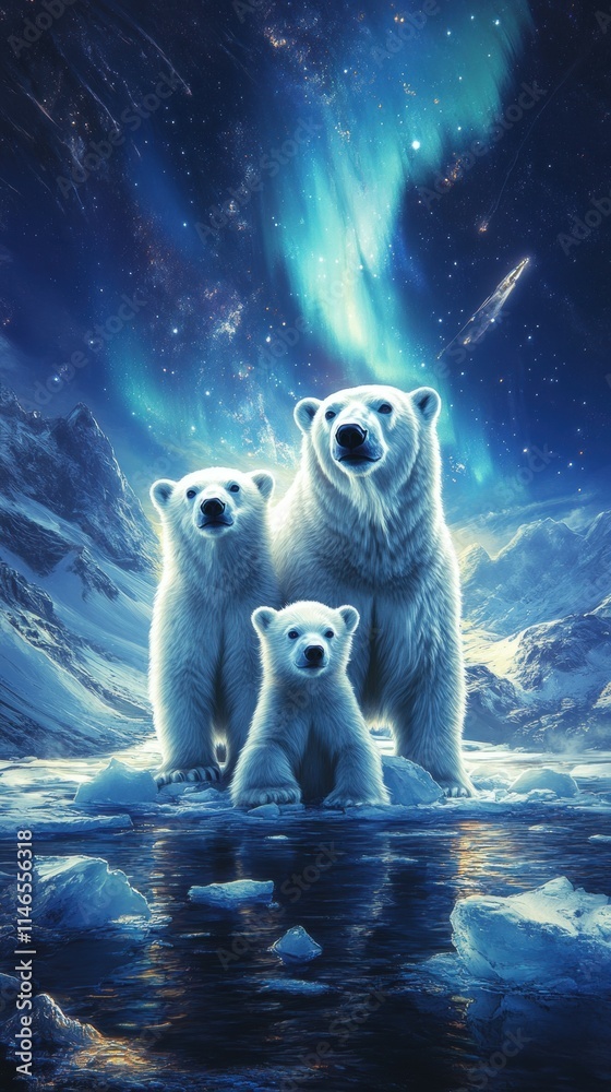 Three polar bears two adults and one cub around ice and in the sky blue ...