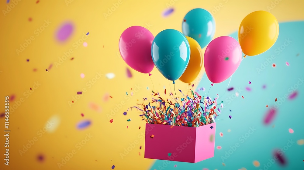 3d render of colorful party balloons popping out of a surprise box set ...