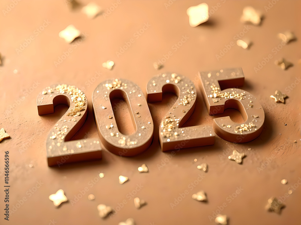 2025 New year. Realistic golden 3d number with golden confetti on mocha ...
