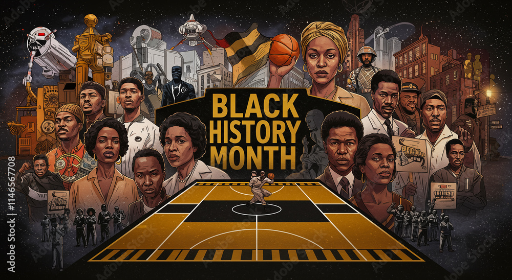 Black history month, banner and african people with portraits, sport ...
