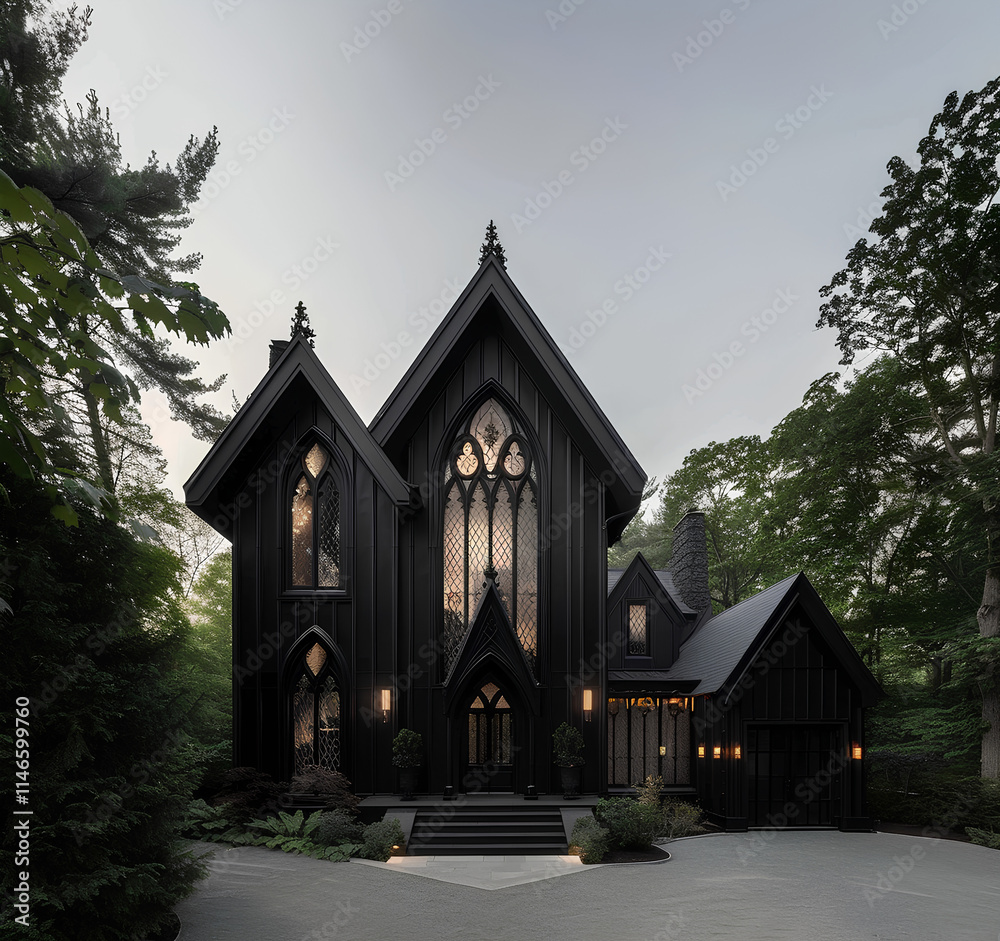 gothic style house with large windows and black trim, goth home design ...