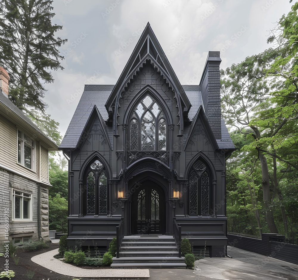 gothic style house with large windows and black trim, goth home design ...