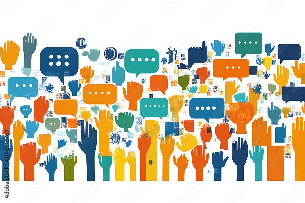 A collection of hands holding various communication symbols, including ...