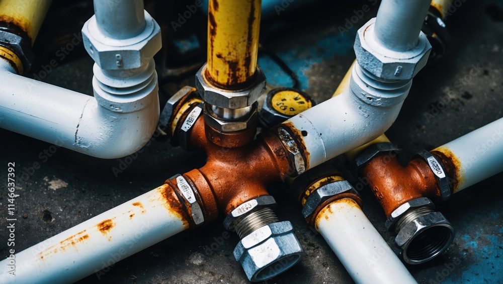 Industrial plumbing system featuring colorful pipes and rusted fittings ...