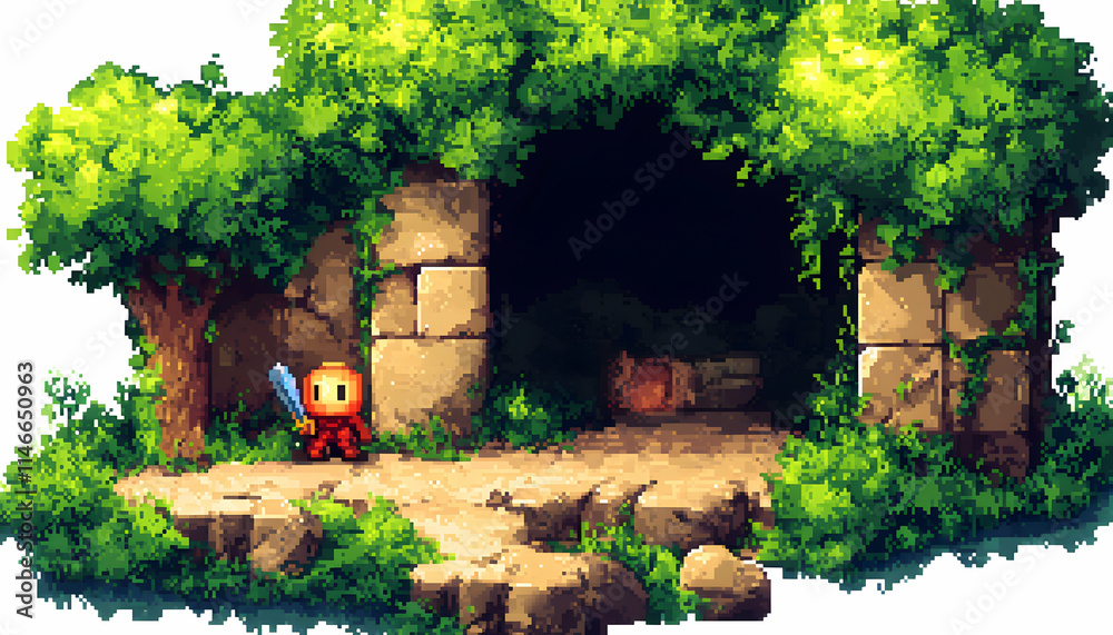 Pixelated character with sword stands at cave entrance amidst foliage ...