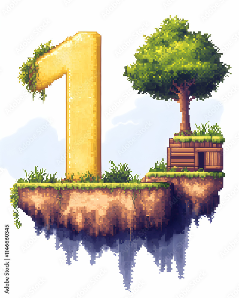 Floating island with golden number one, tree and wooden structure ...