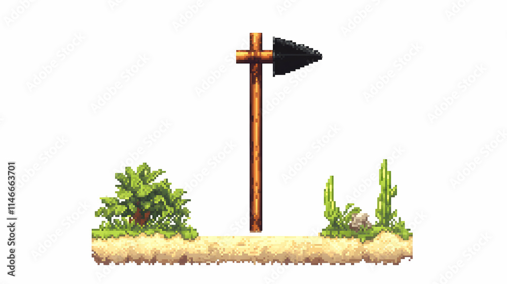 Pixel art arrow sign on sandy ground with plants against a white ...