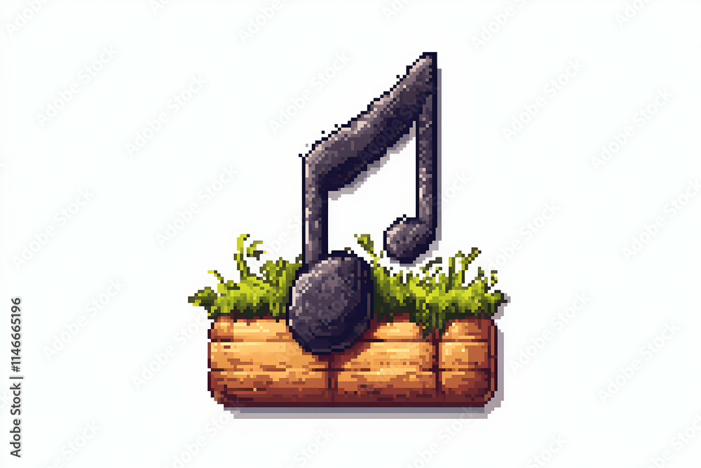 Pixel art music note in wooden planter with grass, on white background ...