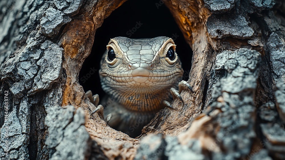 A detailed, high-definition image of a tiny baby lizard peeking out of ...