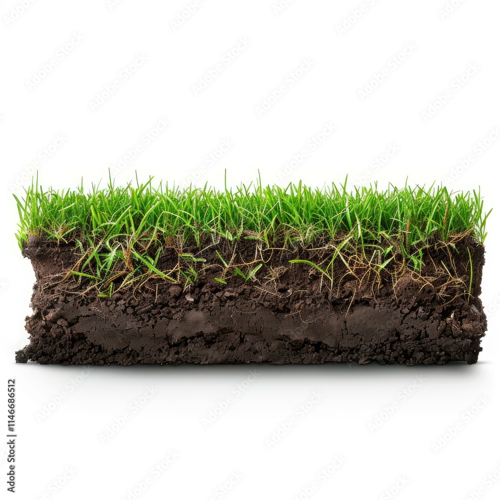 Soil and grass cross section showing roots, earth and turf isolated on ...