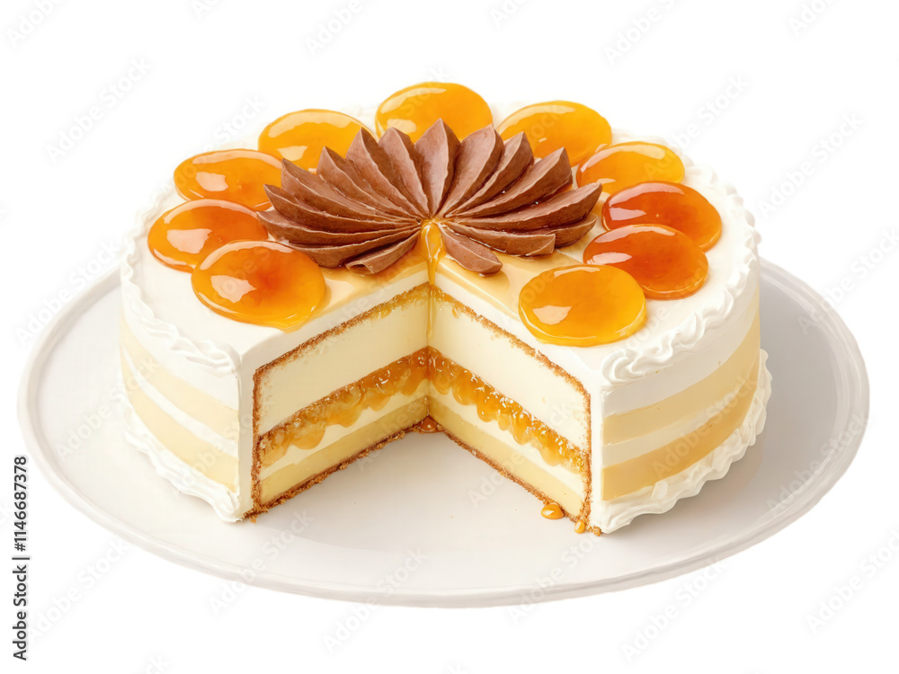 Hungarian dobos torte layered cake with caramel top, slice cut showing ...