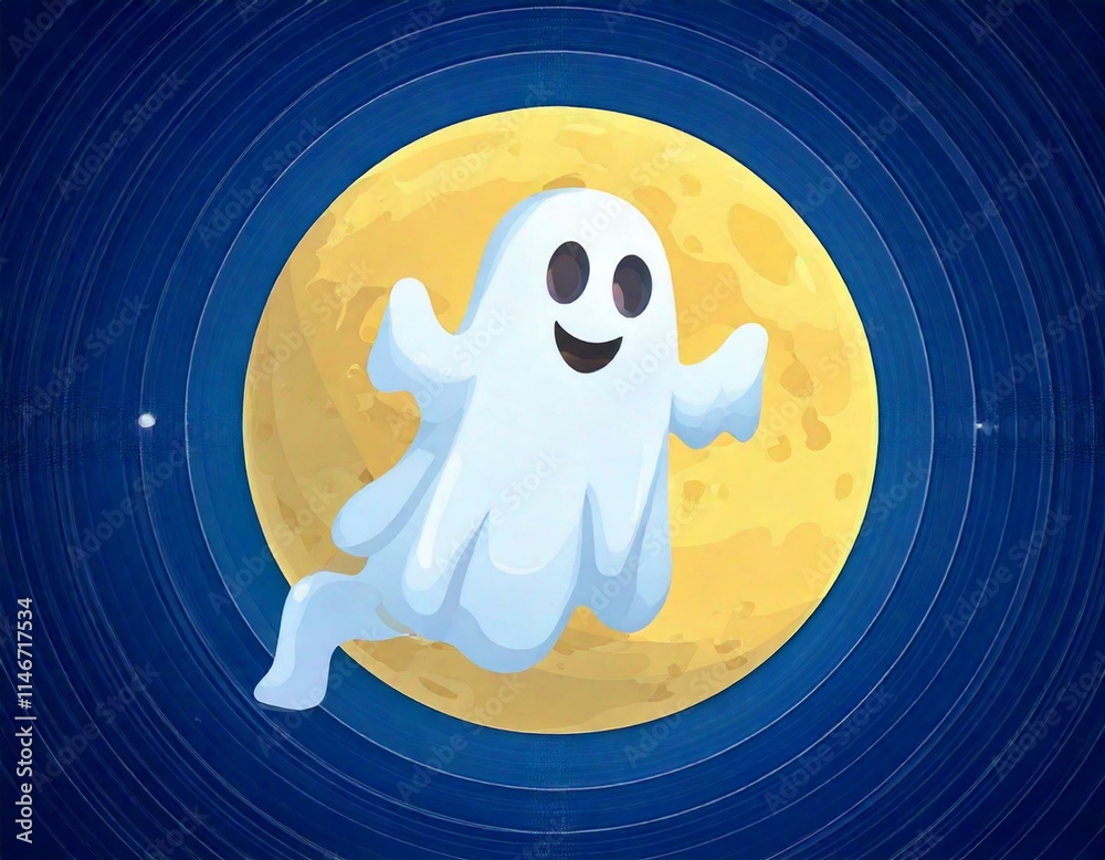 Cartoon ghost with big Moon. Flying haunted. Cute funny happy spirit ...