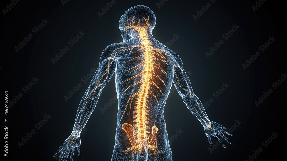 Nervous system, brain and spinal cord highlighted, intricate neuron ...