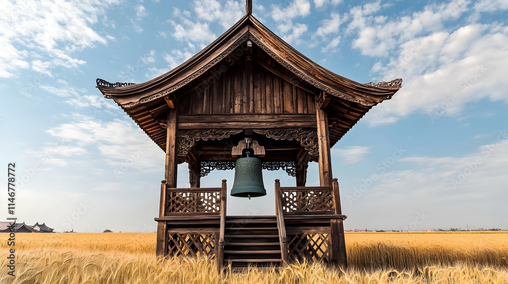 Ukrainian Wooden Bell Tower with steep roof and golden fields, historic ...