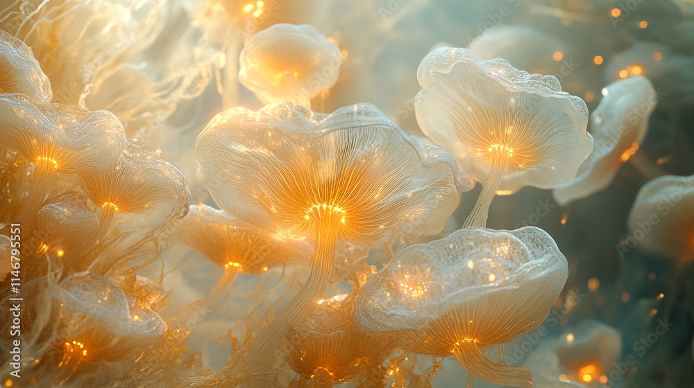 jellyfish-like organisms with glowing light bulbs at their center are ...