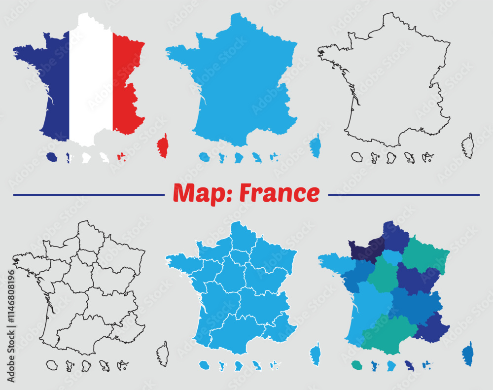 france map set. vector map of France. Country map with region blue ...