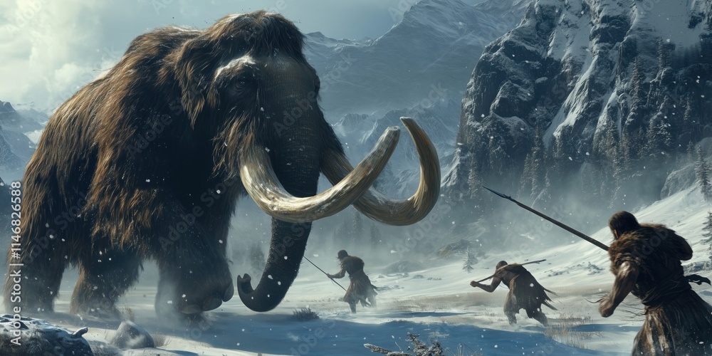 Prehistoric hunters confronting a massive woolly mammoth Stock Photo ...