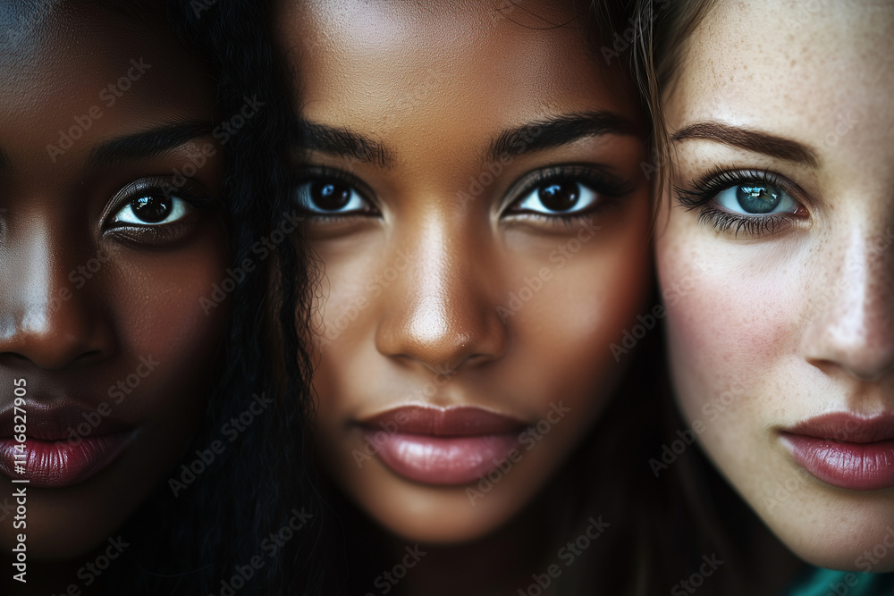 Three women with different skin tones and eye colors are shown in a ...