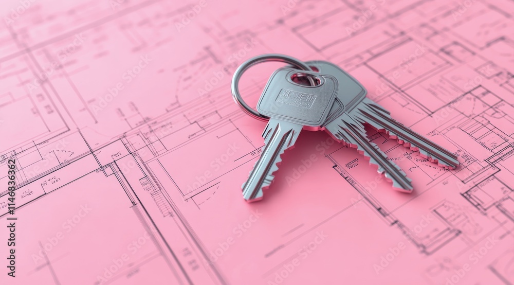 Three keys resting on a detailed architectural blueprint showcasing the ...