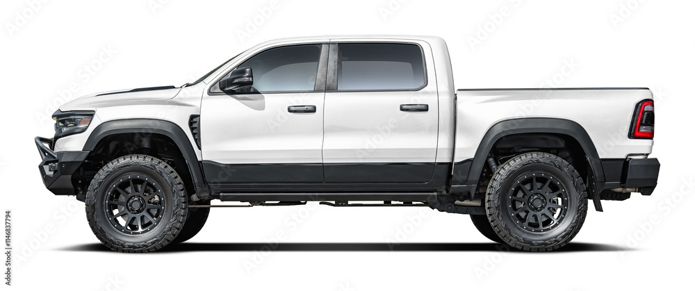 Modern powerful American white pickup truck, side view in png format ...
