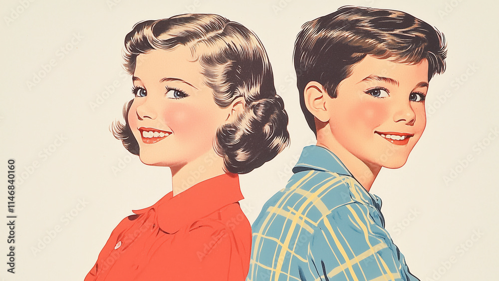Vintage Boy and Girl Portrait 1950s in Retro Style with Bright ...