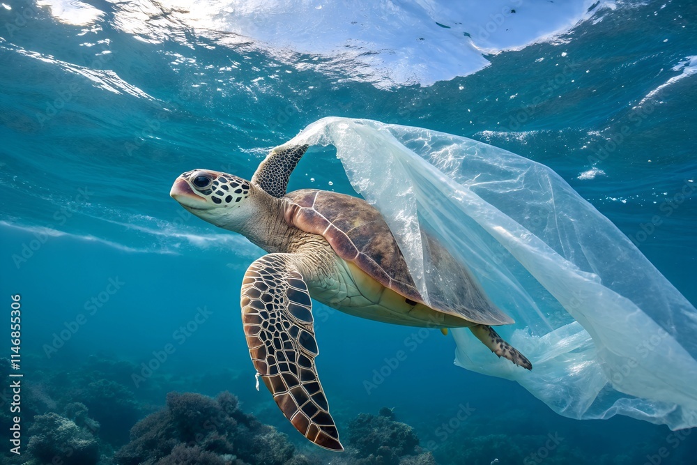 A sea turtle trapped in a plastic bag struggles to swim in the ocean ...