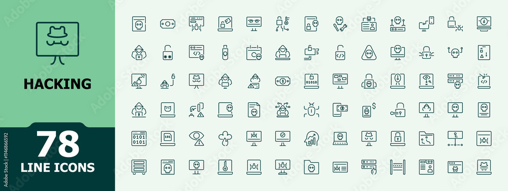 Hacking icon set. Includes thin line data, risk, spy, phishing, bug, criminal and more ...
