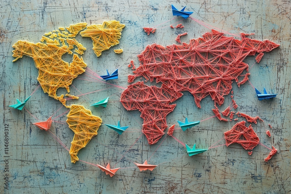 Global Interconnection String Art World Map with Miniature Paper Boats ...