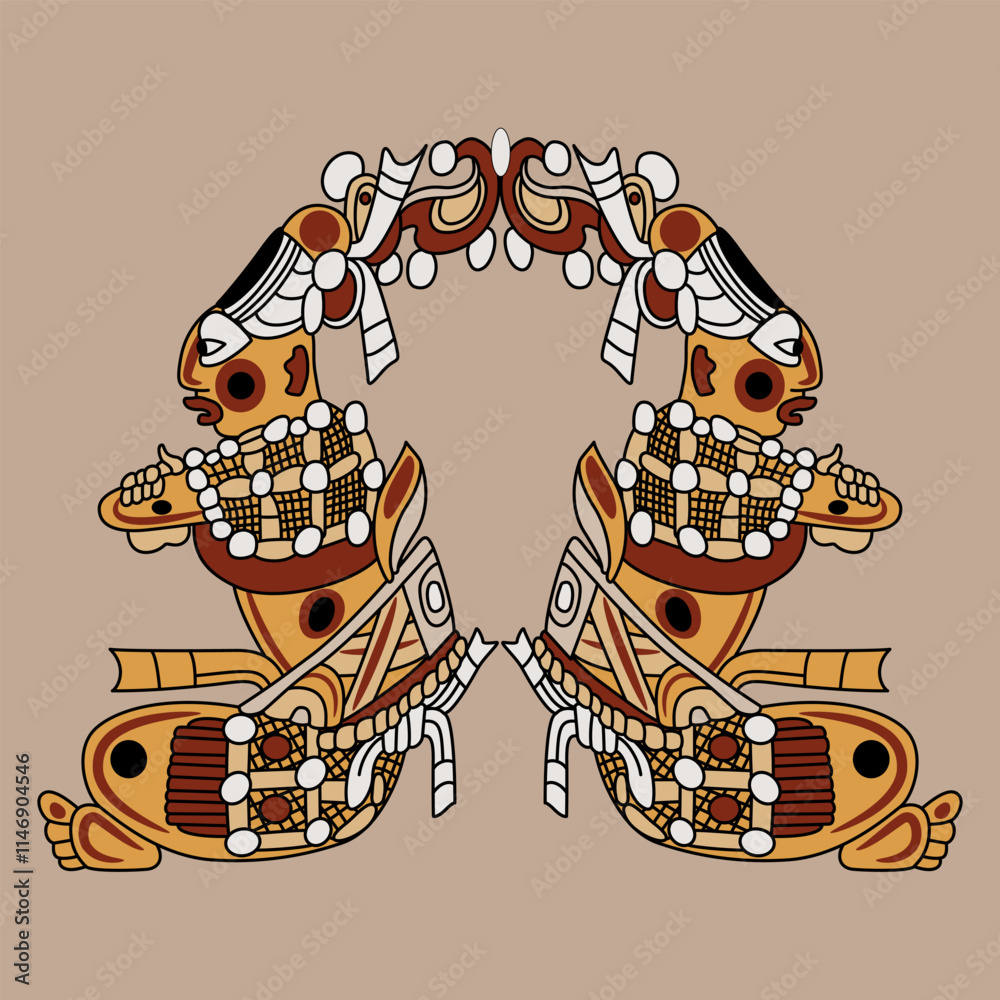 Symmetrical ethnic design with two seated Mayan men. Indigenous Native ...