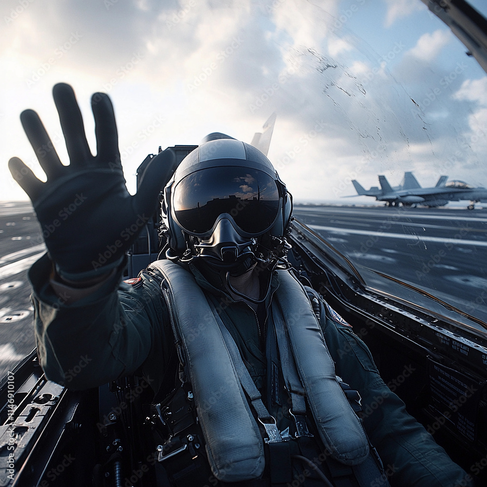Pilot waves from cockpit of a fighter jet before takeoff on an aircraft ...
